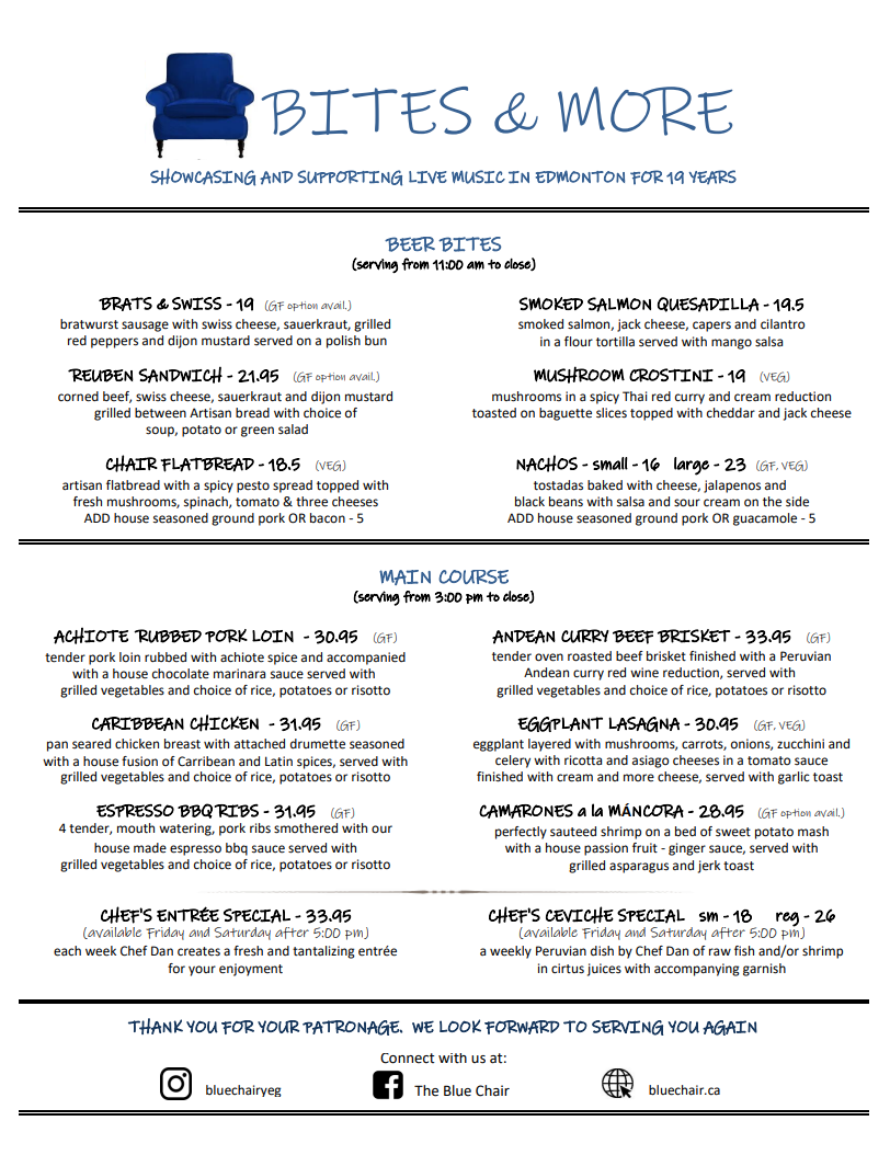 Eat. Hear. Food Menu at The Blue Chair Cafe
