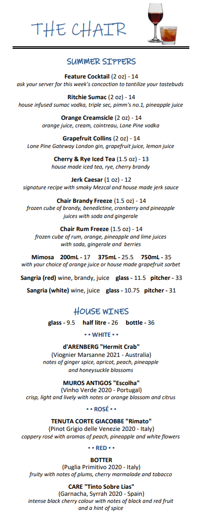 Eat. Hear. Drinks Menu at The Blue Chair Cafe