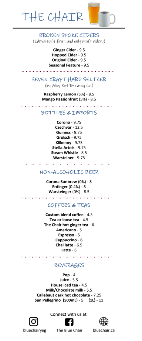 Eat. Hear. Drinks Menu at The Blue Chair Cafe